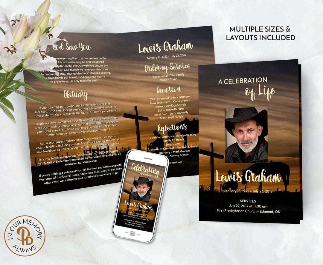 Cowboy Kneeling at a Cross Funeral Program Obituary Template - Etsy