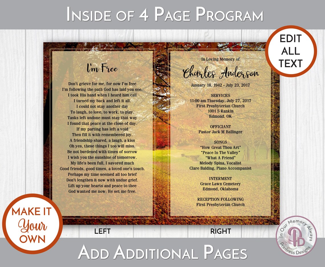 Autumn Landscape Funeral Program Template, Fall Memorial Service ...