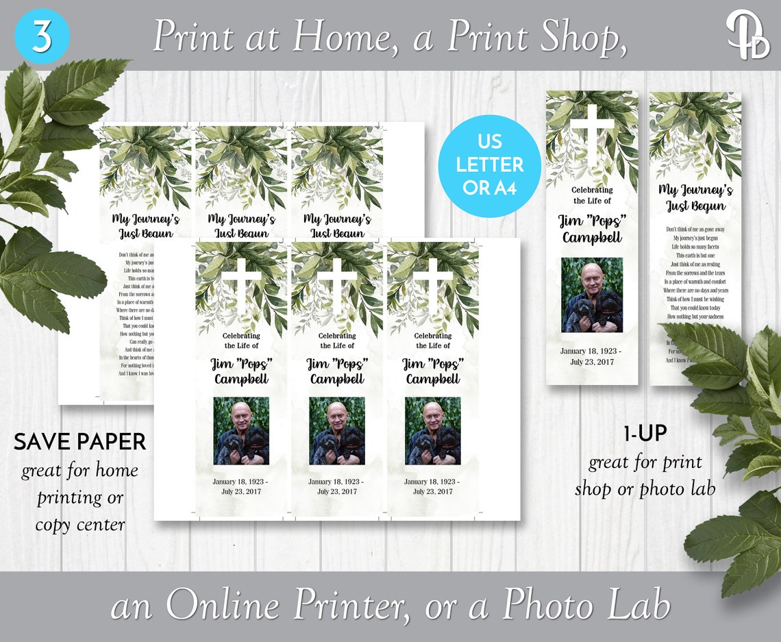 Greenery Memorial Bookmark Template, Editable Funeral Bookmark Template ...