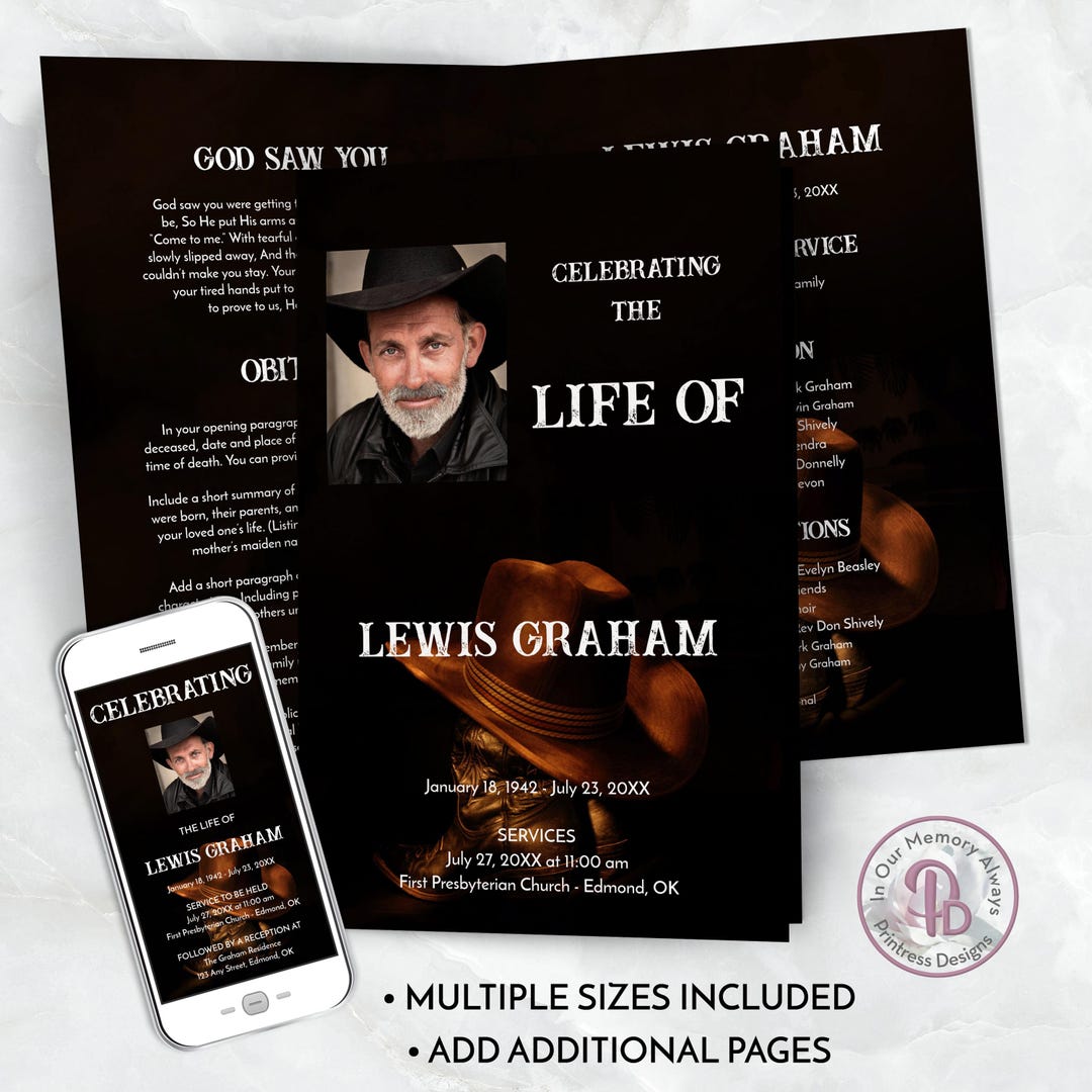 Editable Cowboy Funeral Program Template, Boots and Hat Memorial ...