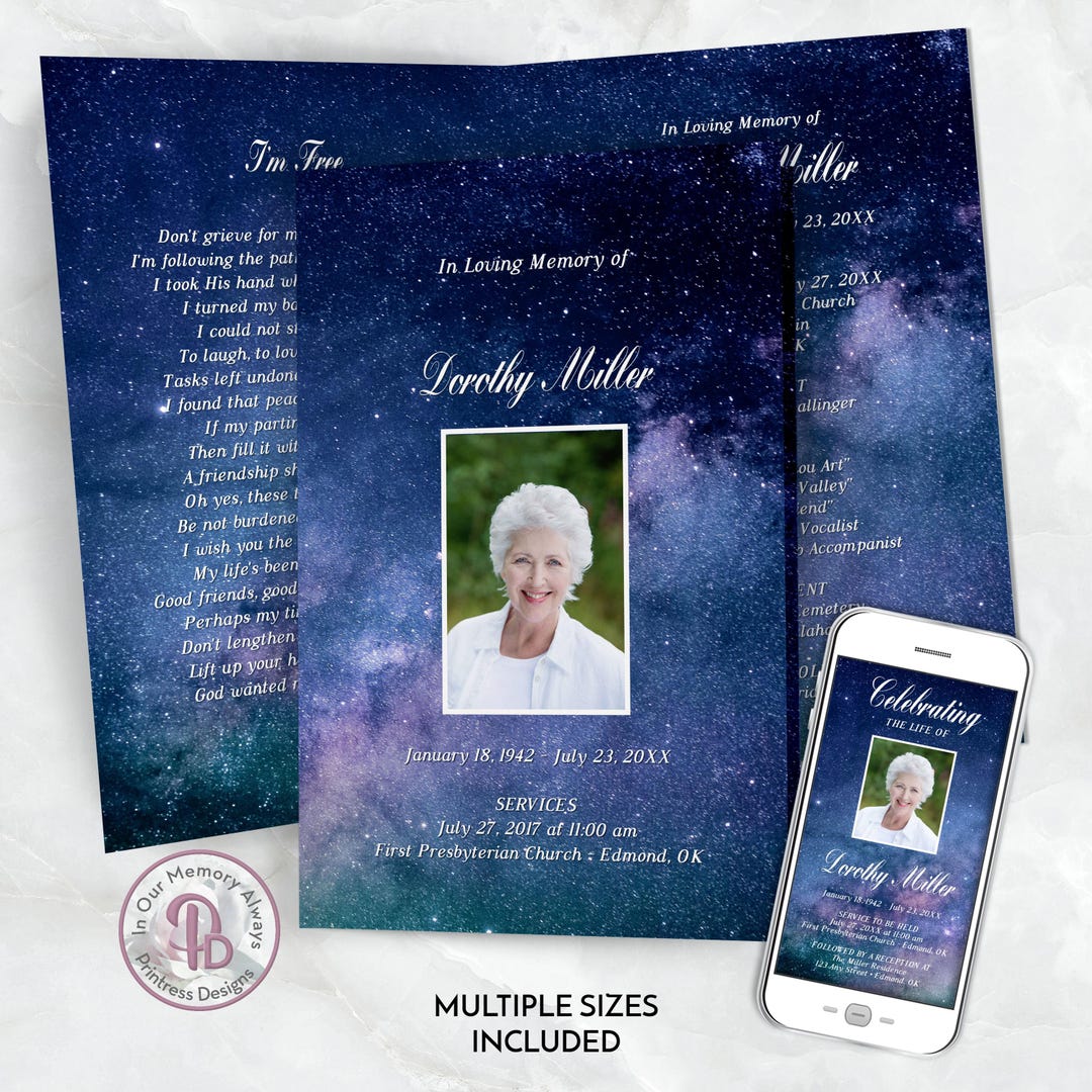 Celestial Funeral Program Template, Editable Stars Memorial Service ...