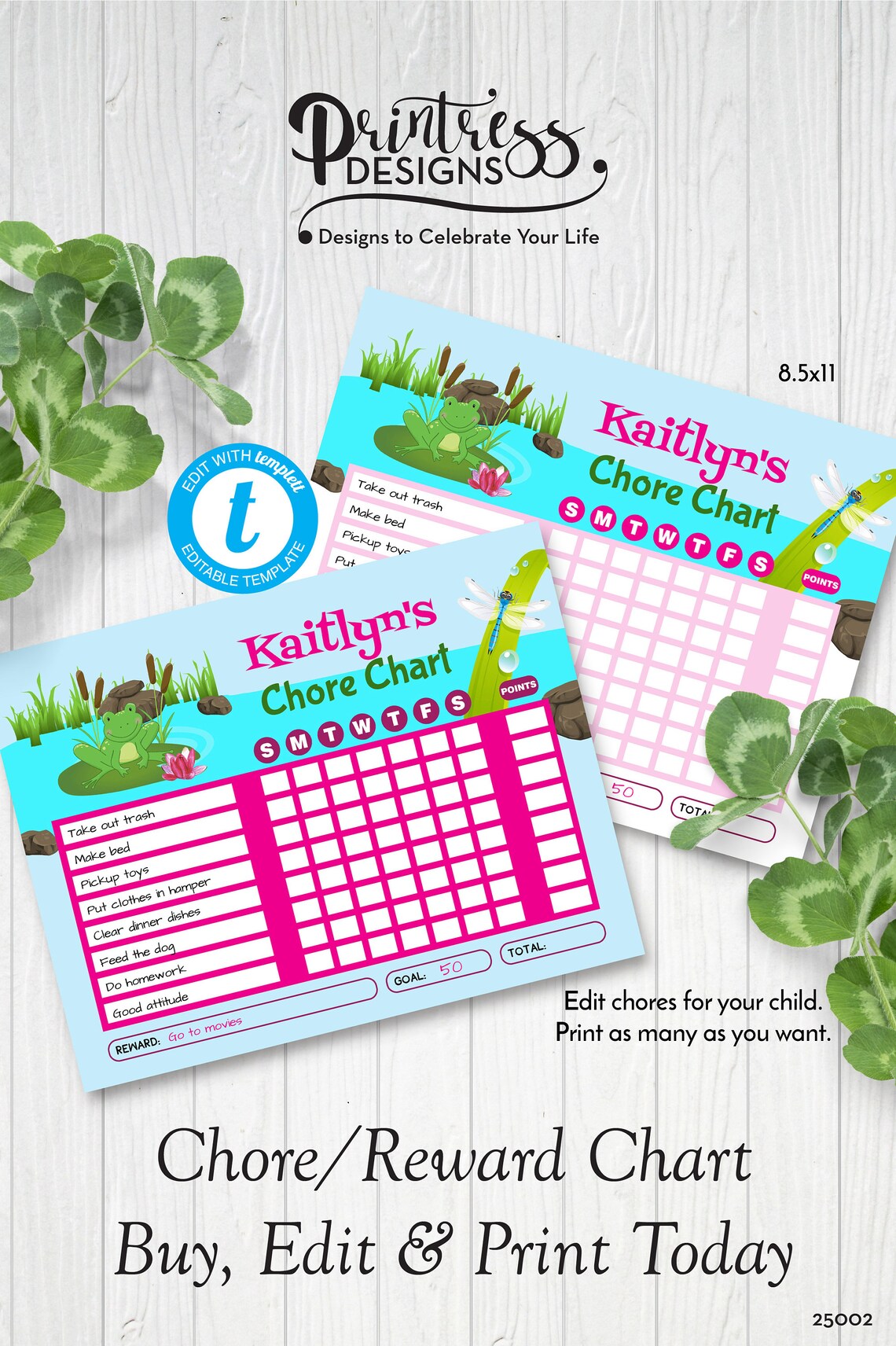 Frog on Lily Pad Children's Chore Chart Editable Reward | Etsy