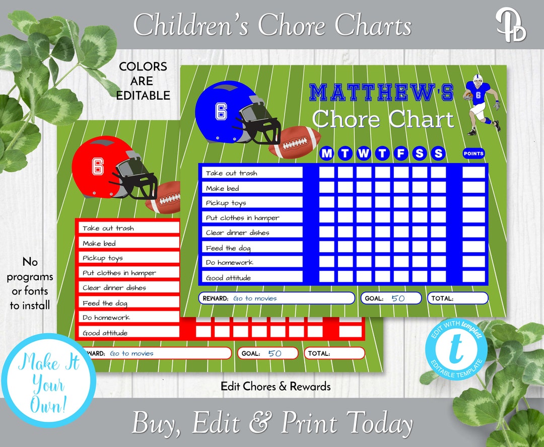 Football Children's Chore Chart, Editable Reward Chart, Printable Kid's ...
