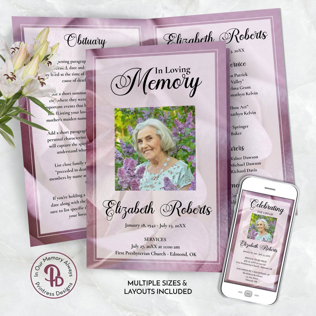 Mauve Rose Funeral Program, Obituary Template, Celebration of Life ...