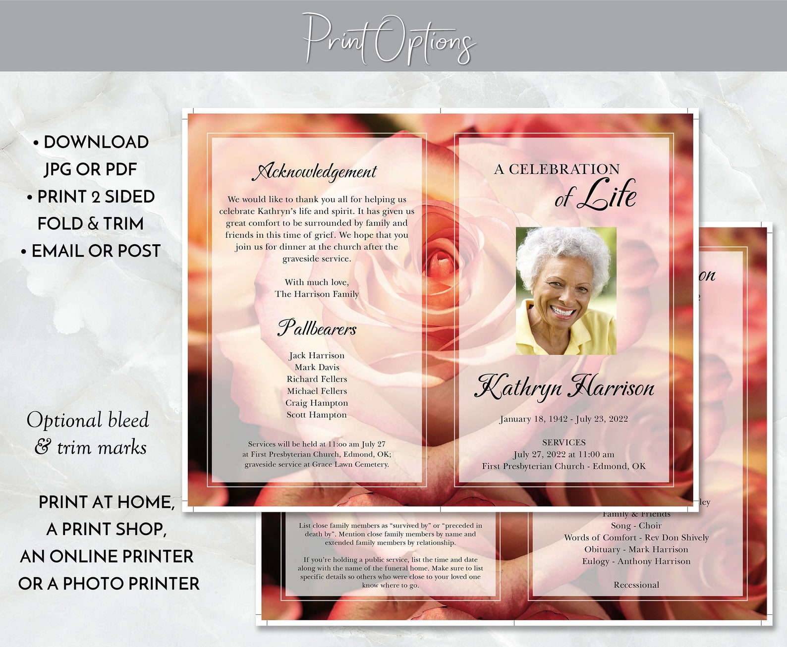 Orange-yellow Rose Funeral Program Obituary Template - Etsy