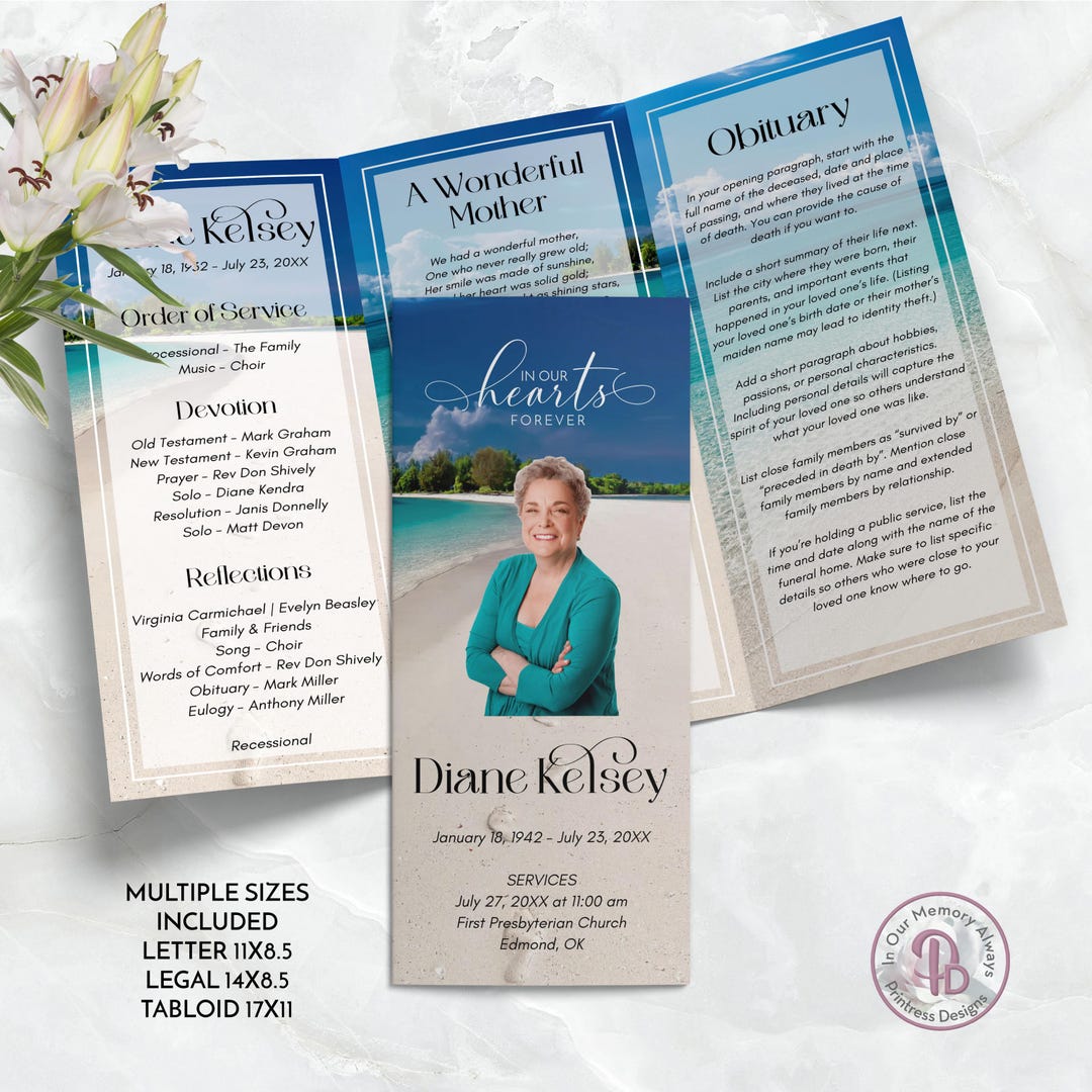 Footprints in the Sand Trifold Funeral Program, Obituary Template ...