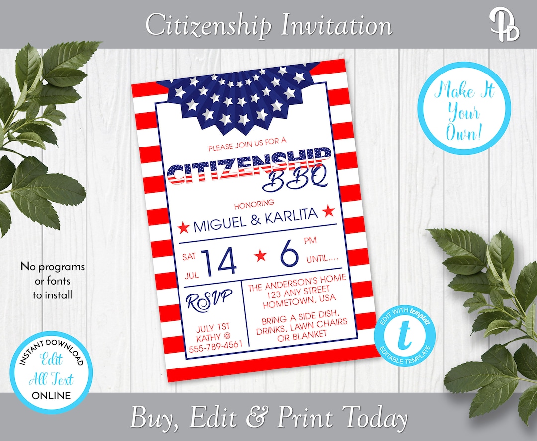 Citizenship BBQ Party Invitation, Citizenship Celebration ...