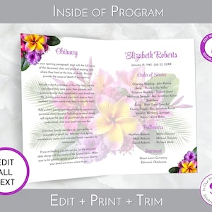 Hawaiian Funeral Program Template, Obituary Template, Tropical Floral ...