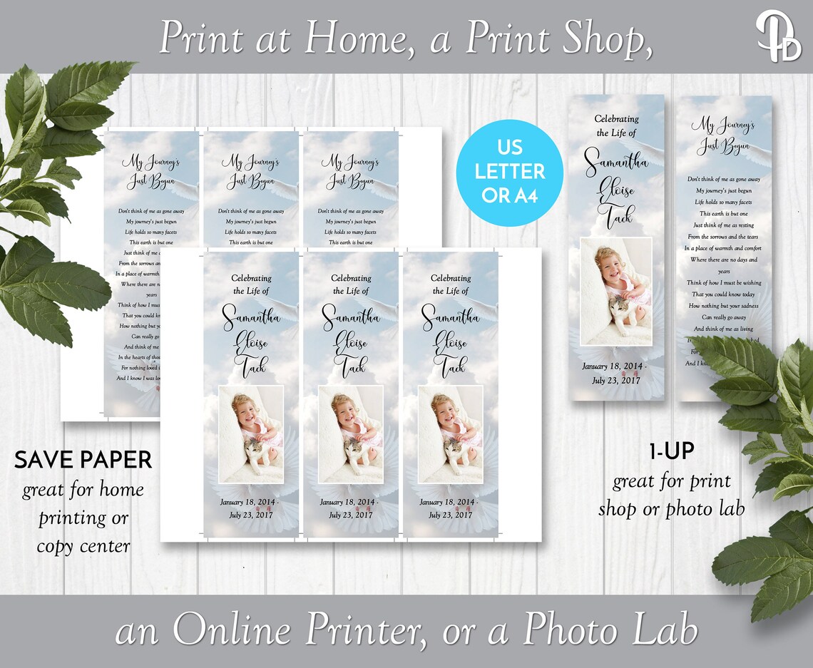 Doves in the Clouds Printable Funeral Bookmark Template, Editable ...