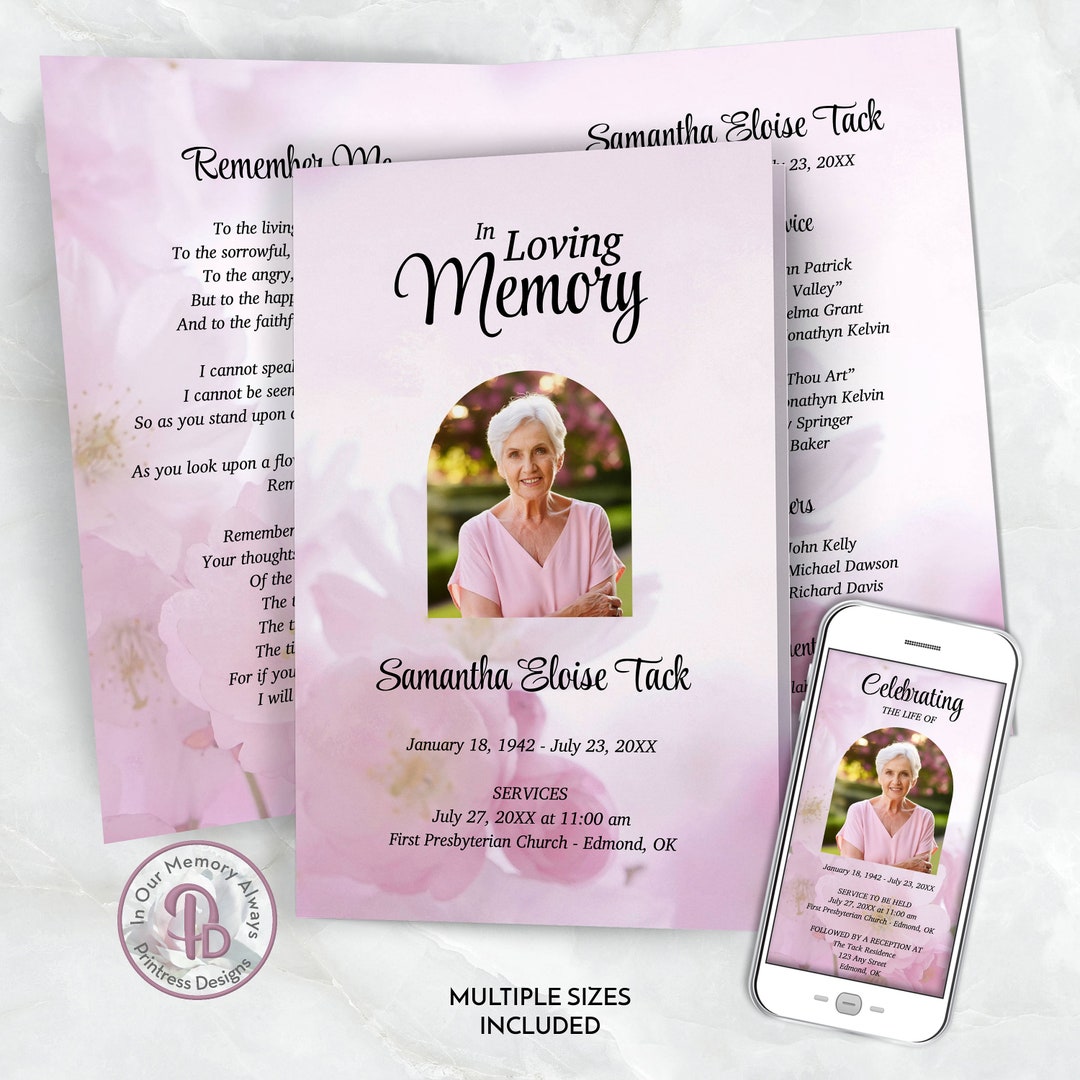 Pink Floral Funeral Program Template, Editable Memorial Service ...
