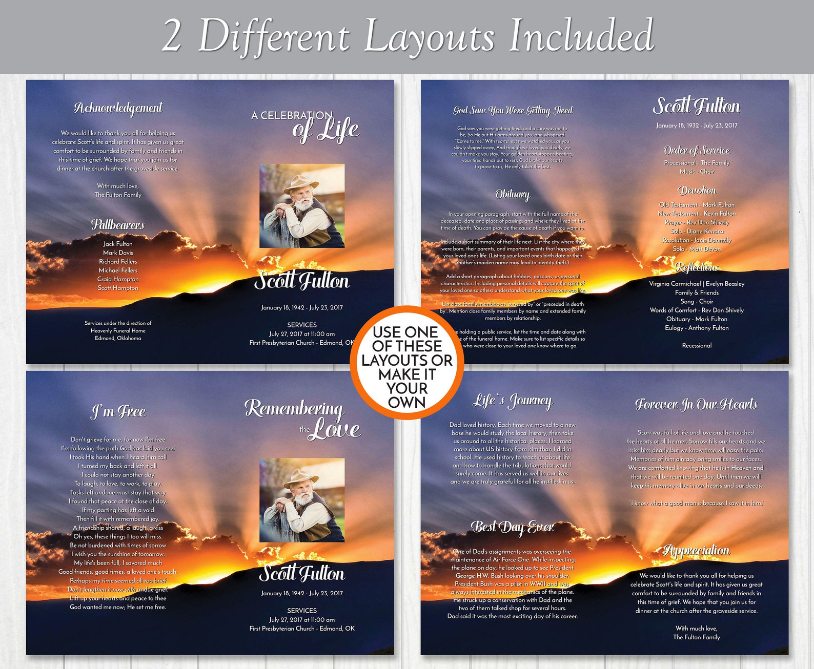 Sunset Sunrays Funeral Program Template, Obituary/order of Service ...