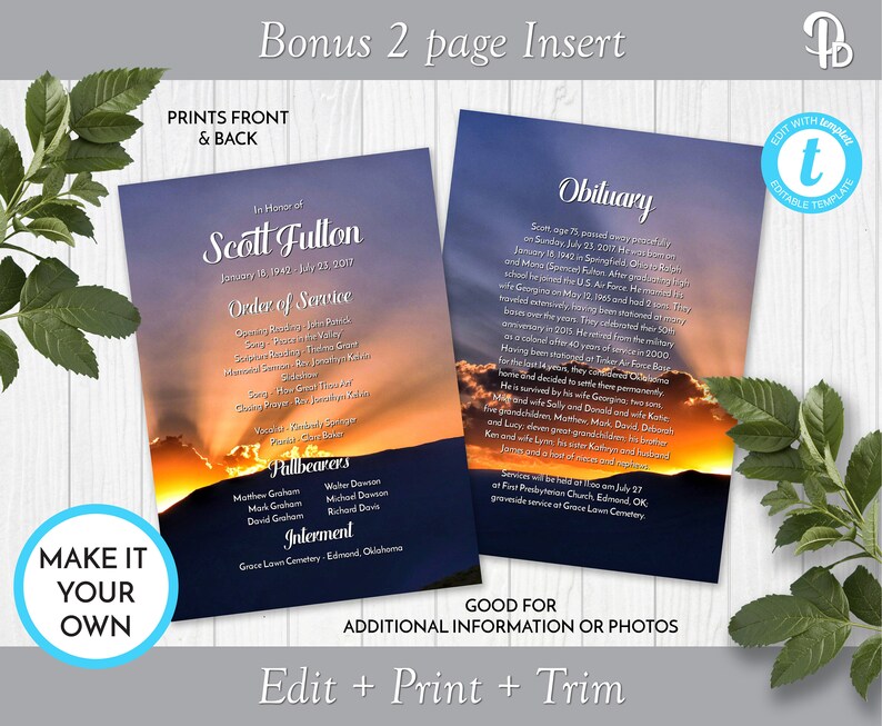 Sunset Sunrays Funeral Program Template Obituary/order of - Etsy