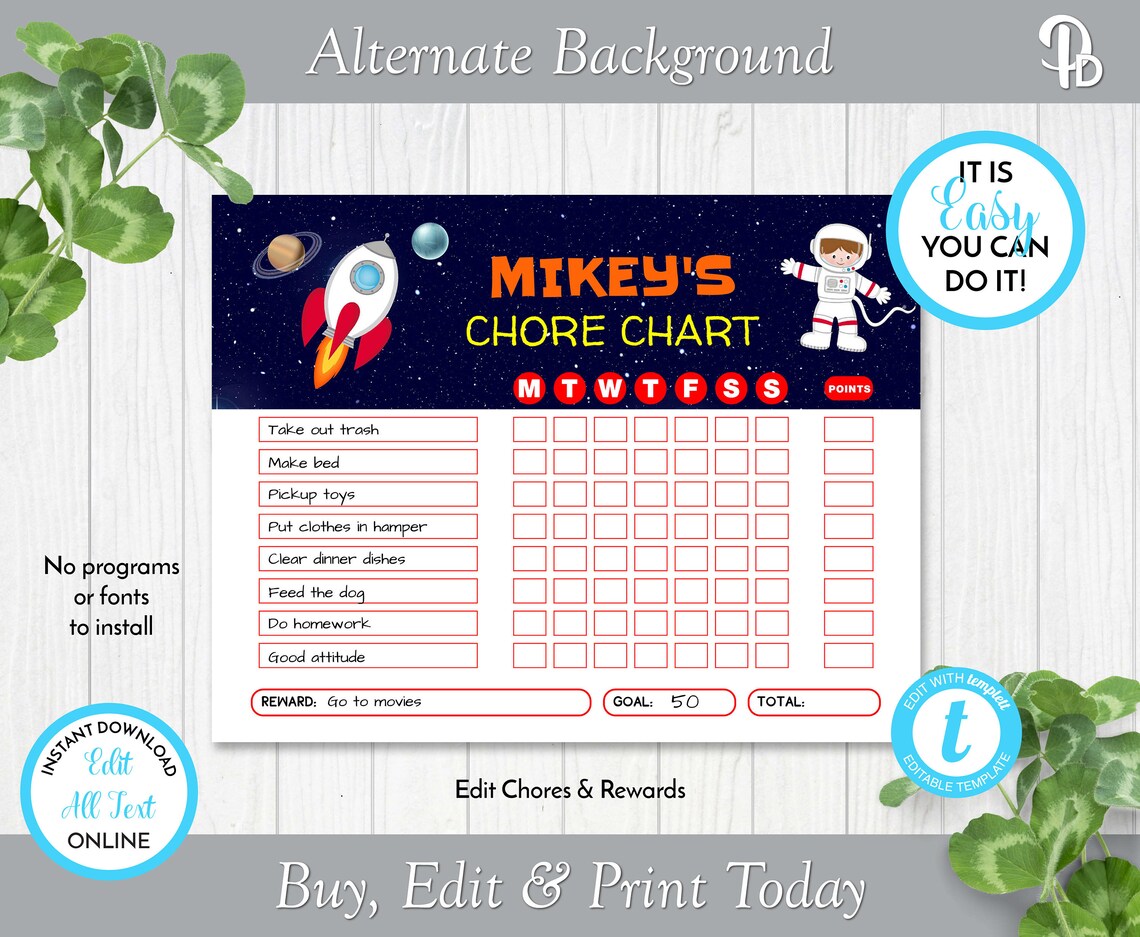 Outer Space Children's Chore Chart Editable Reward Chart | Etsy