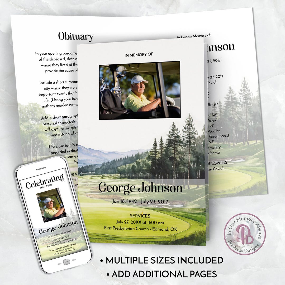 Golfer’s Memorial Service Program Template, Outdoors Celebration of ...