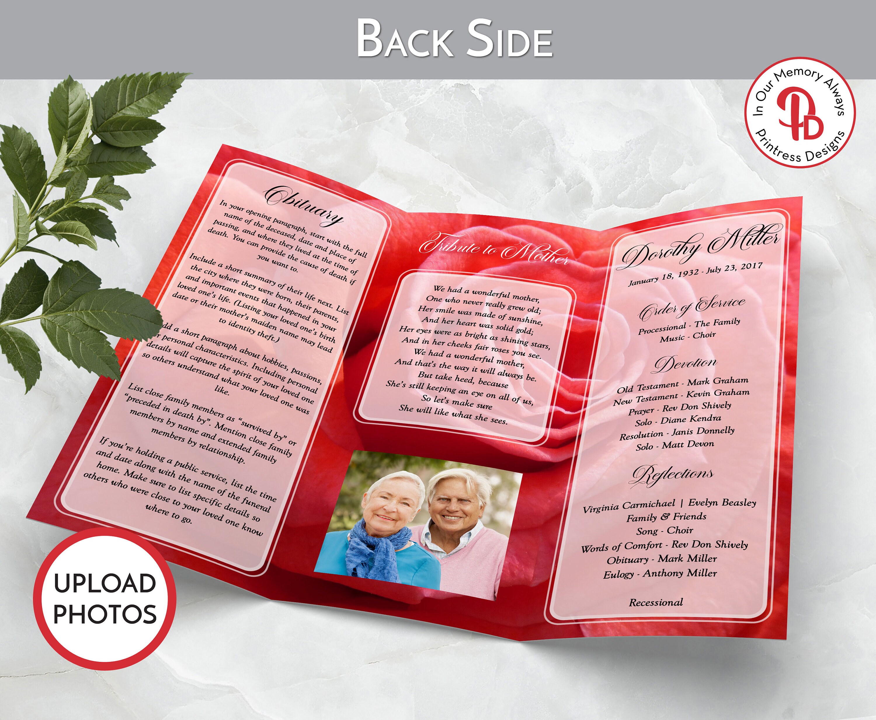 Coral Red Rose Trifold Funeral Program, Obituary Template, Celebration ...