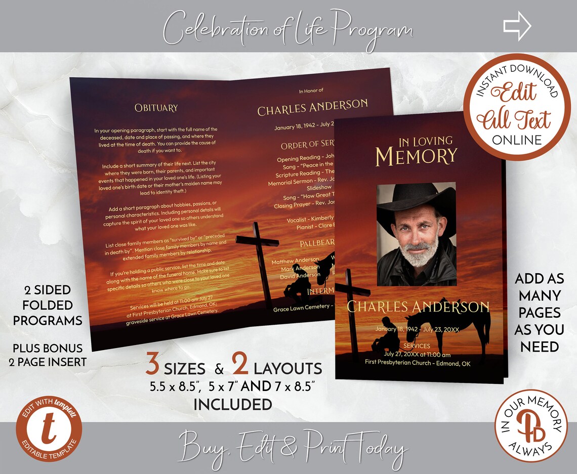 Cowboy Kneeling at Sunset Funeral Program Obituary Template - Etsy