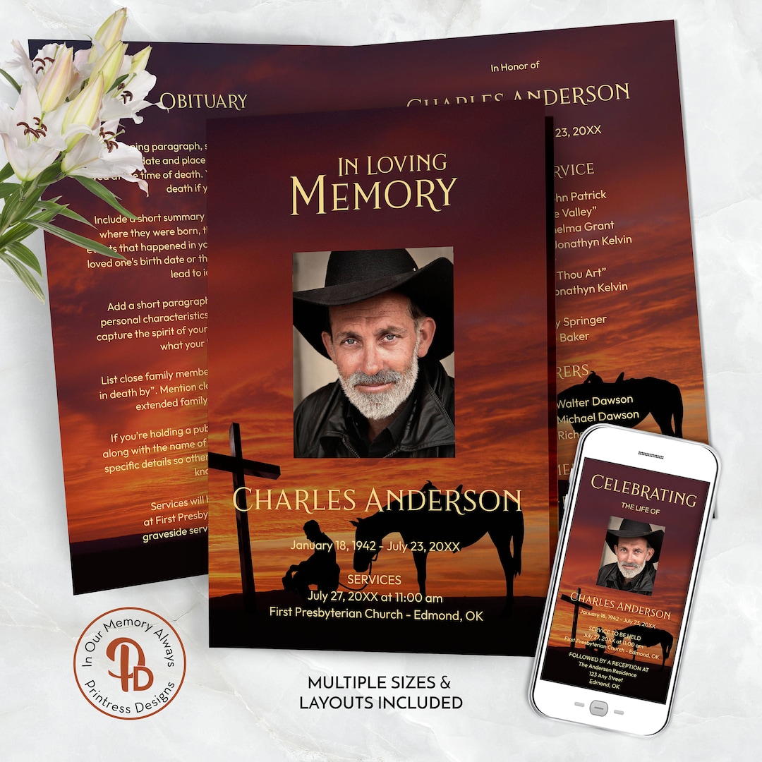 Cowboy Kneeling at Sunset Funeral Program, Obituary Template ...