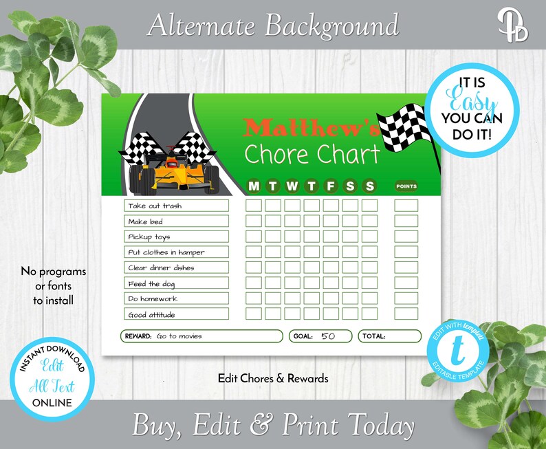 Race Car Children's Chore Chart, Editable Reward Chart, Printable Kid's ...