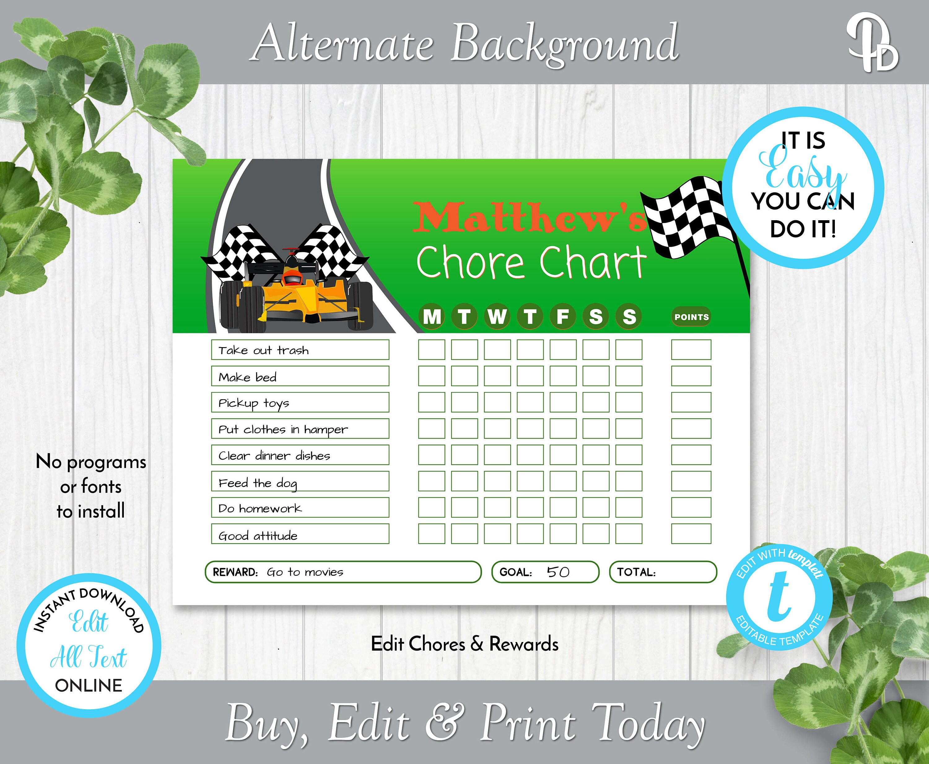 Race Car Children's Chore Chart Editable Reward Chart - Etsy