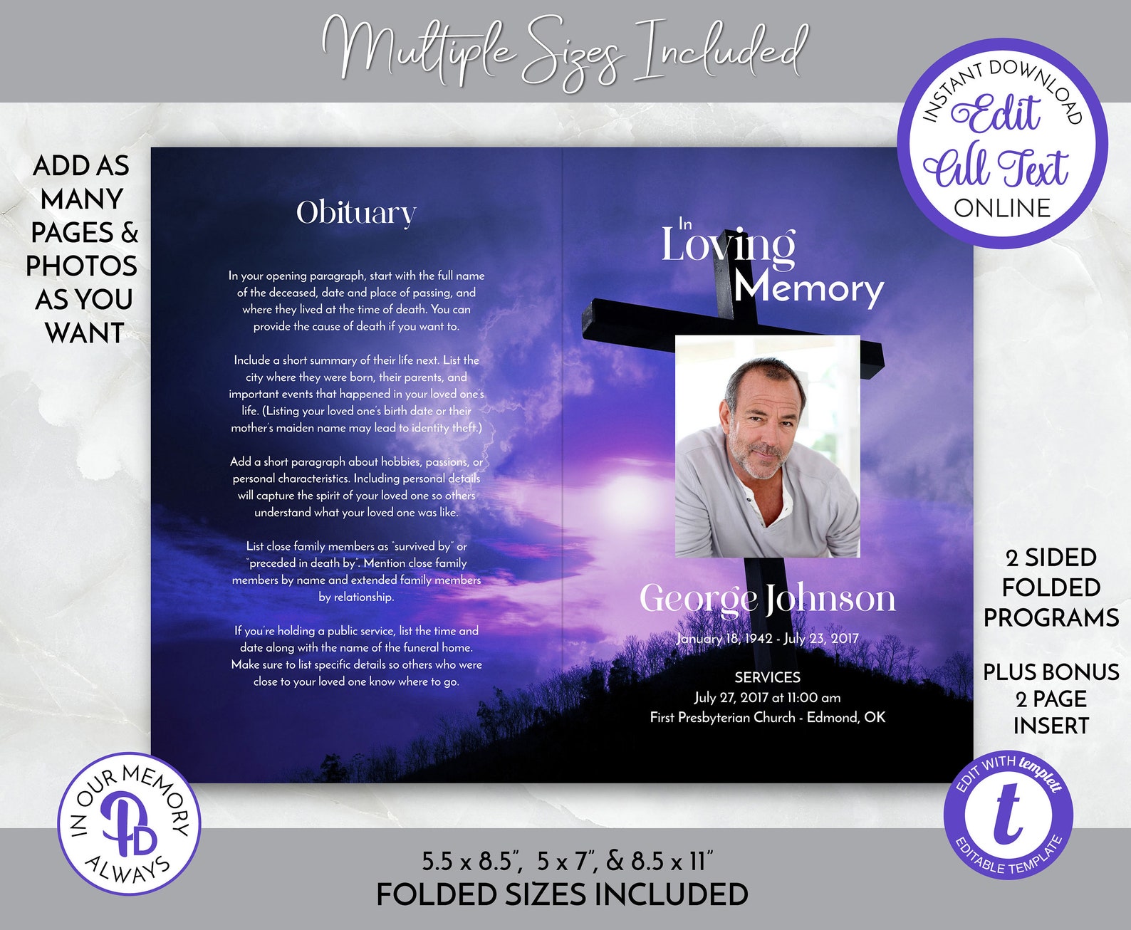 Purple Sunset Cross Funeral Program Template, Obituary/order of Service ...