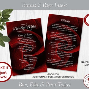 Deep Red Rose Funeral Program Template, Obituary/order of Service ...