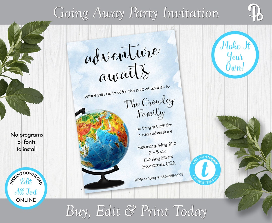 World Globe Going Away Party Invitation, Moving Party Invitation, Bon ...