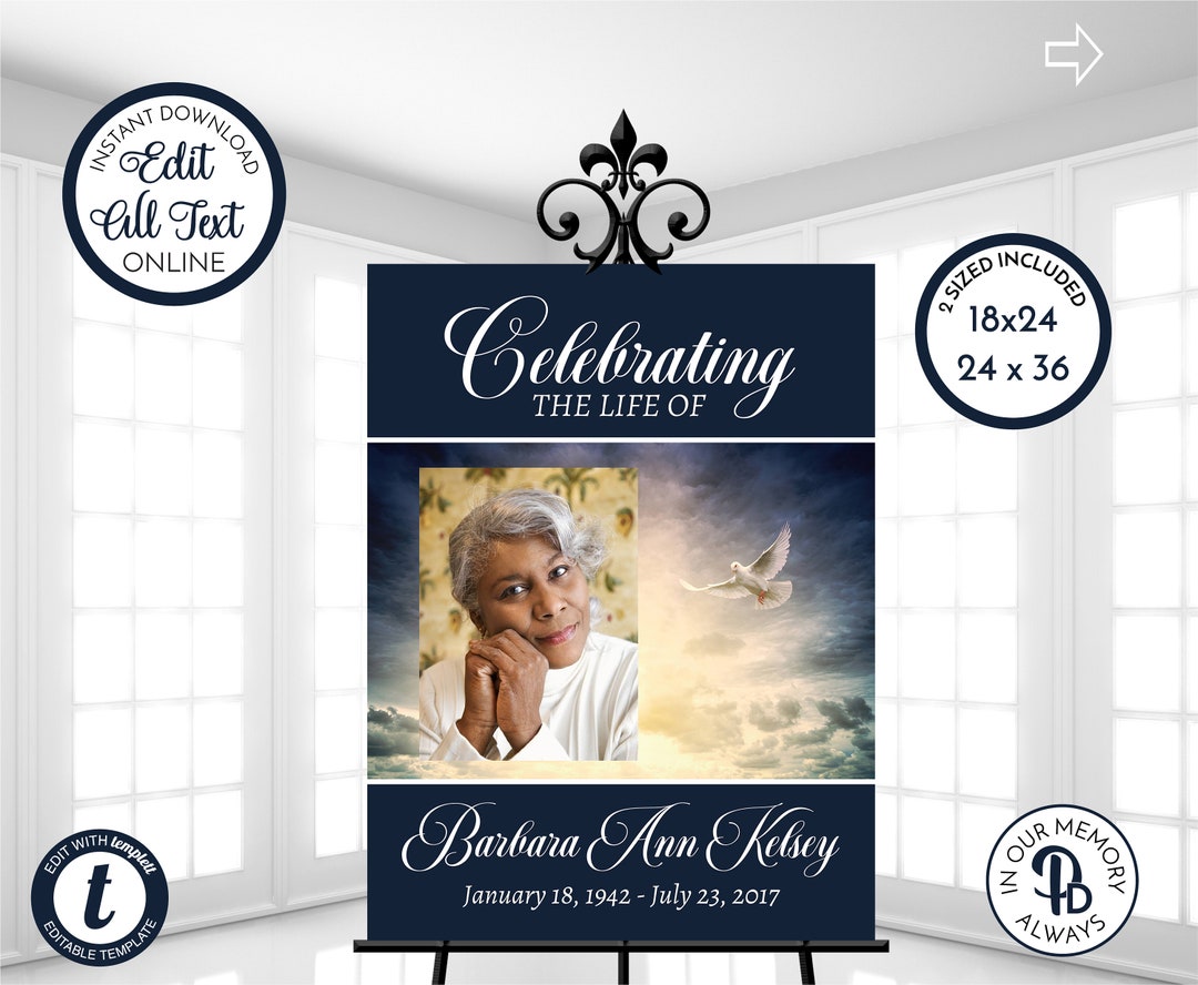 Sunburst Dove Funeral Welcome Sign, Celebrating the Life of Sign ...