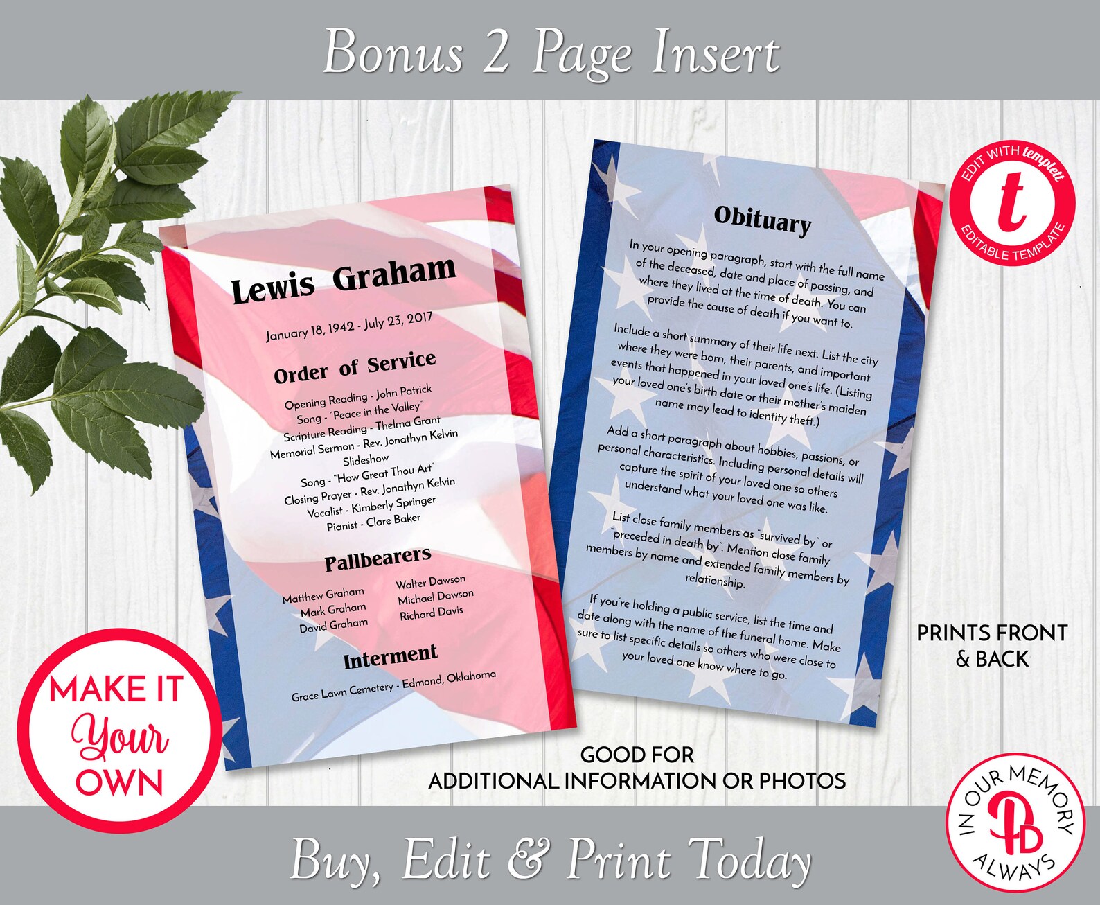 Patriotic US Flag Funeral Program Template, Obituary/order of Service ...