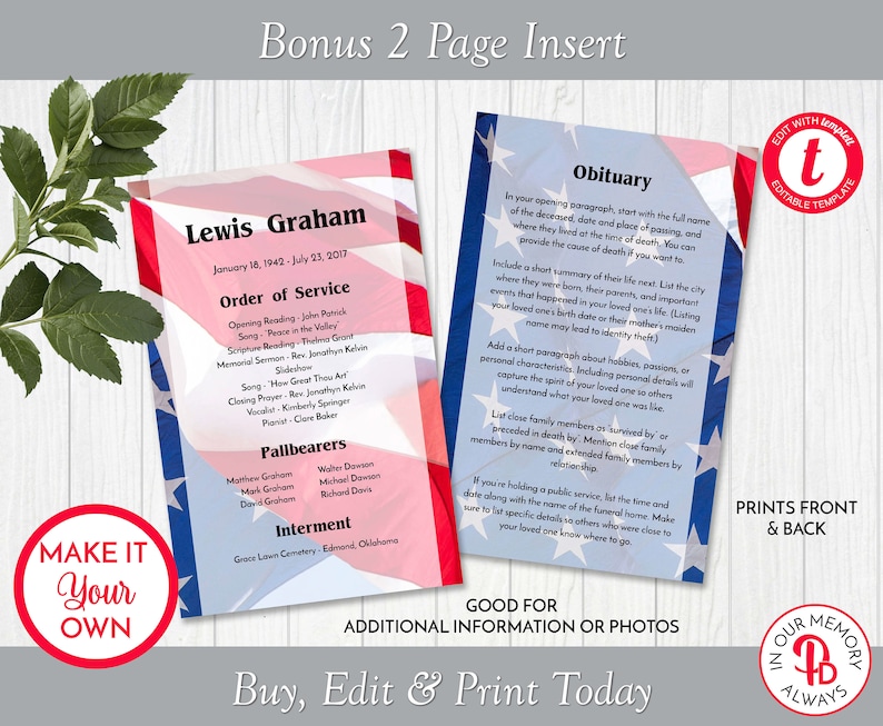 Patriotic US Flag Funeral Program Template, Obituary/order of Service ...