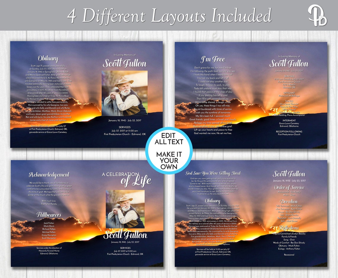 Sunset Sunrays Funeral Program Template Obituary/order of - Etsy