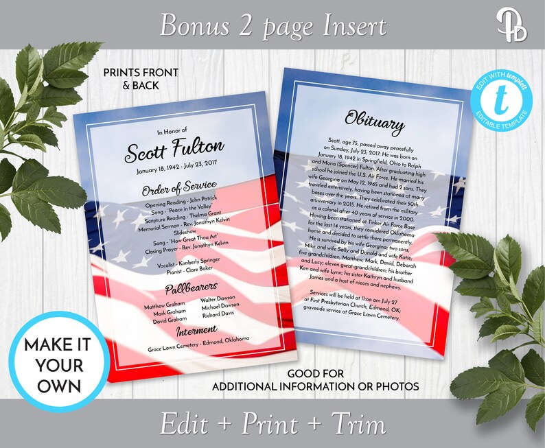 Waving Flag Funeral Program Template, Patriotic Obituary/order of ...
