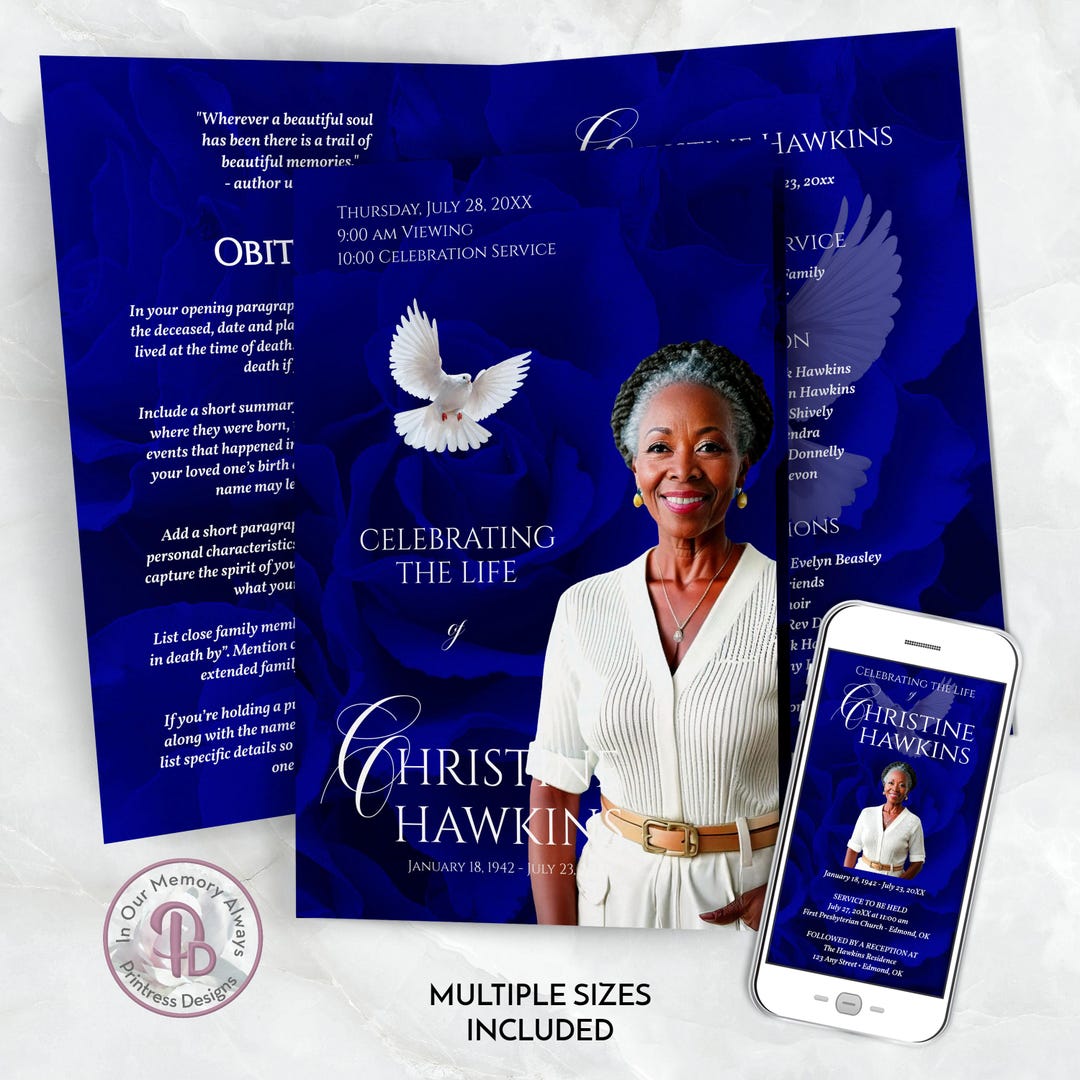 Blue Roses Funeral Program Template, Printable Magazine Memorial ...