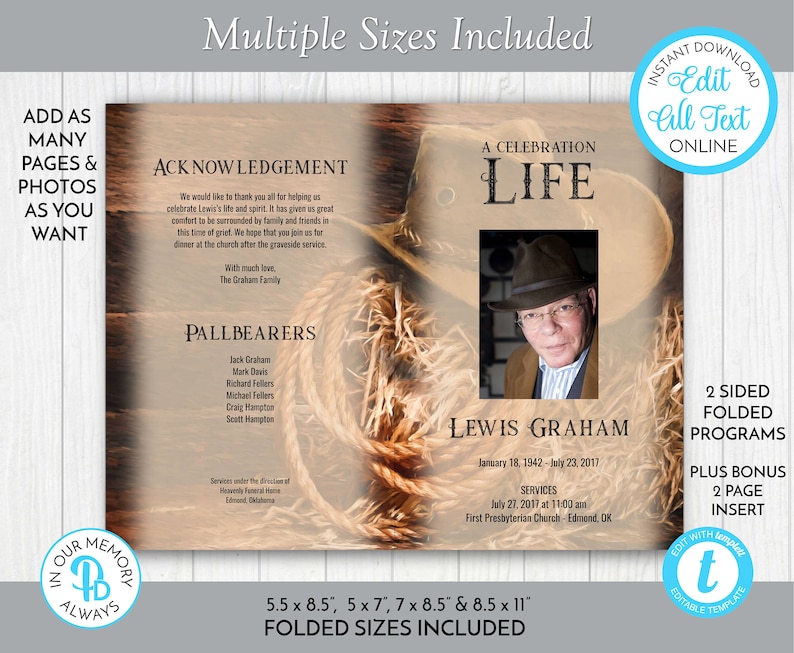 Cowboy Hat & Rope Funeral Program Template Obituary/order of - Etsy