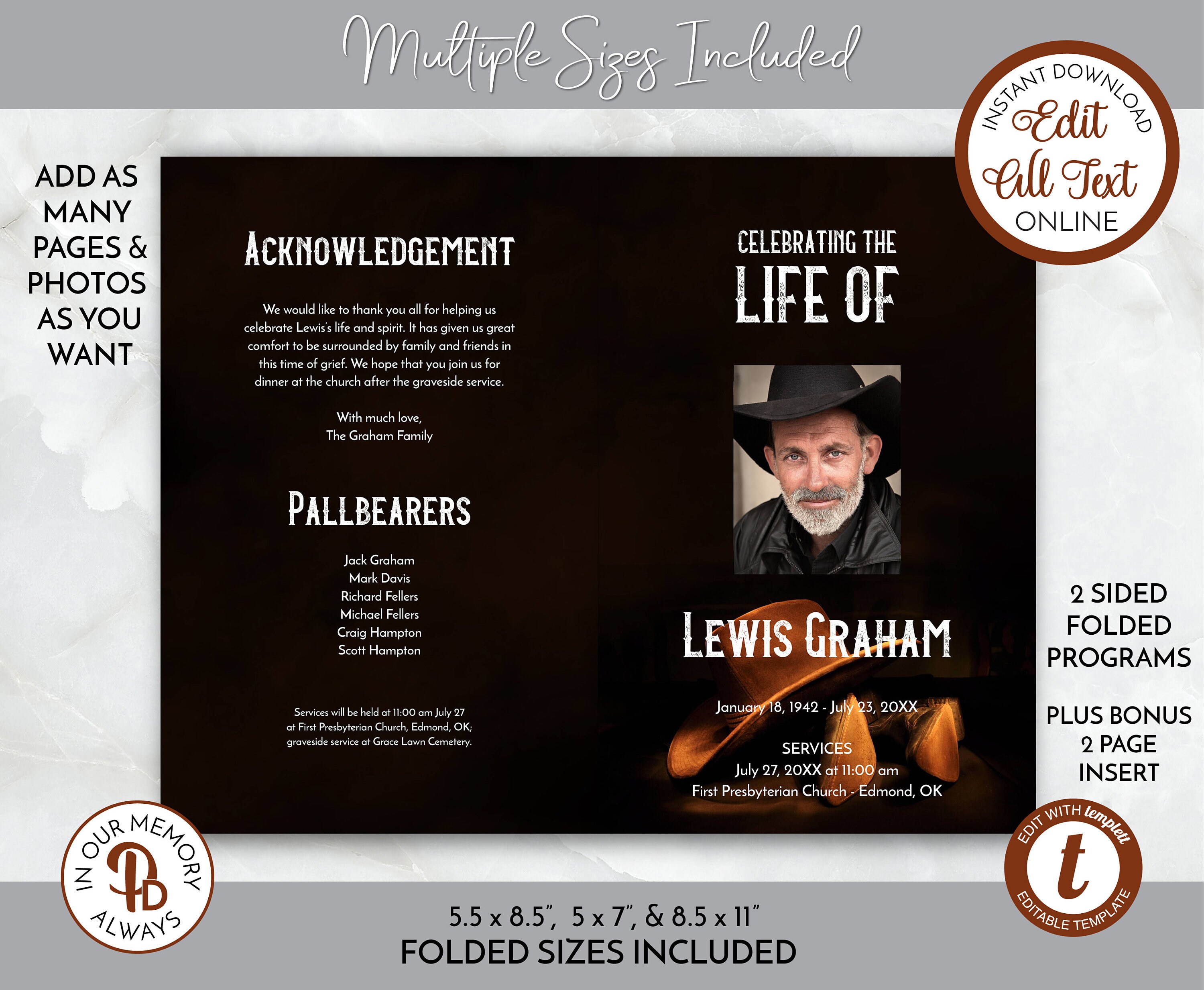Cowboy Hat and Boots Funeral Program, Obituary Template, Celebration of ...