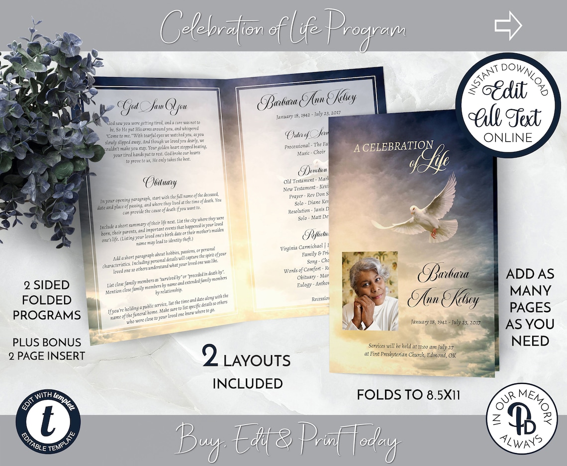 Sunburst Dove Funeral Program Obituary Template Celebration - Etsy