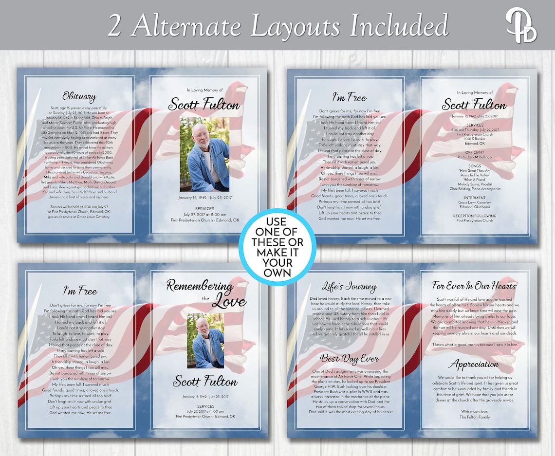 Patriotic Funeral Program Template Obituary Order of Service - Etsy