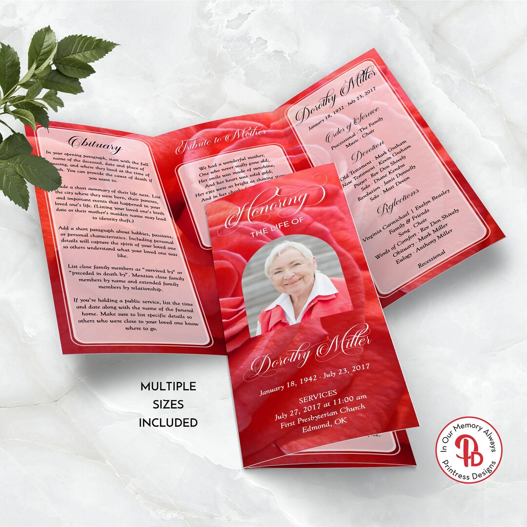 Coral Red Rose Trifold Funeral Program, Obituary Template, Celebration ...