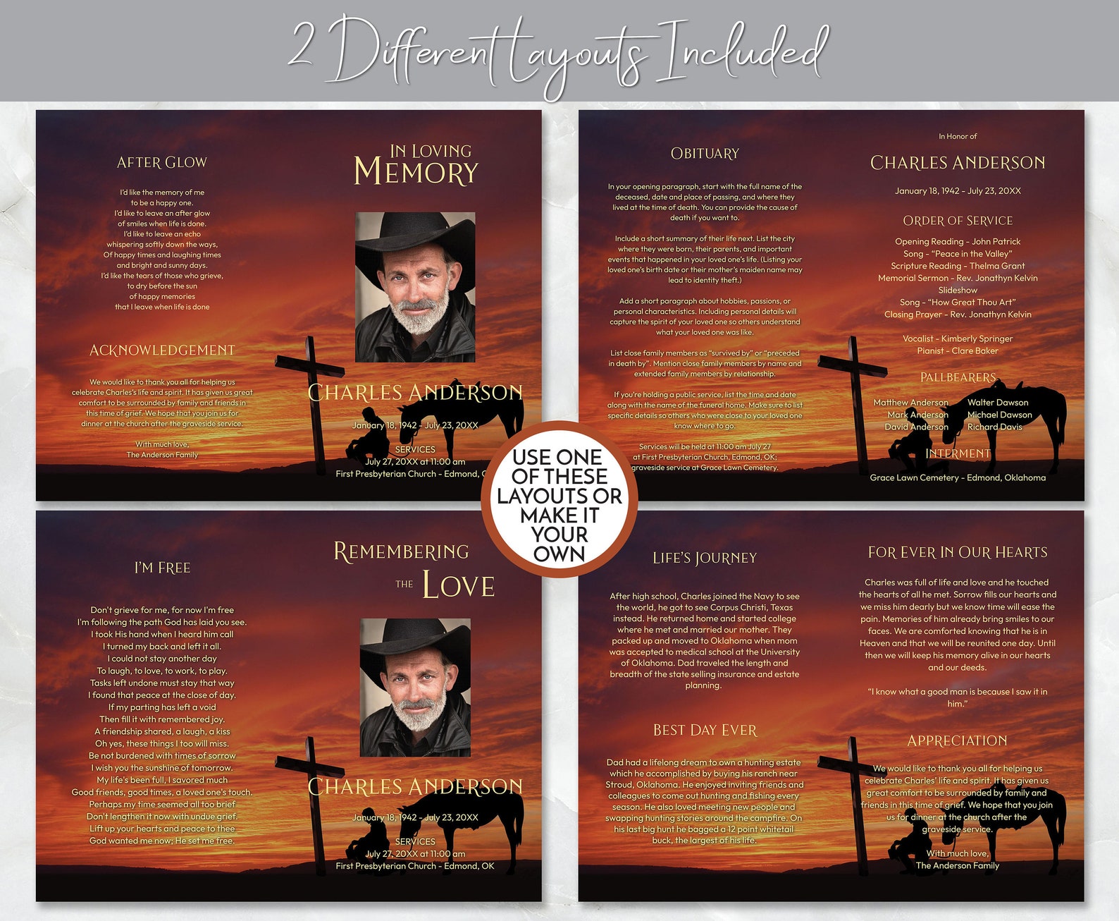 Cowboy Kneeling at Sunset Funeral Program Obituary Template - Etsy