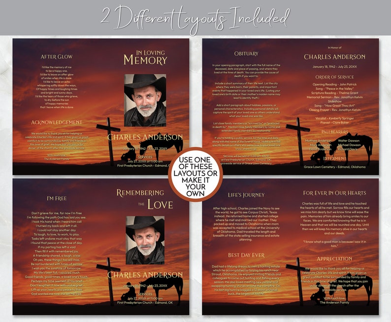 Cowboy Kneeling at Sunset Funeral Program Obituary Template - Etsy