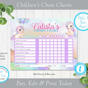 Pastel Unicorn Rainbow Children's Chore Chart, Editable Reward Chart ...
