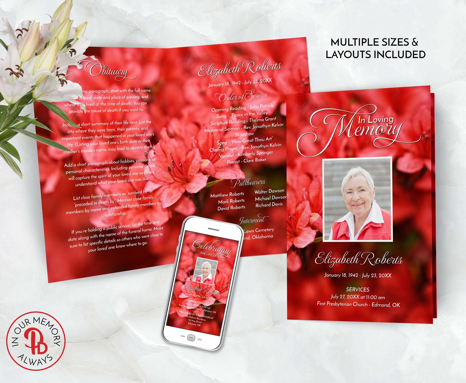 Red Rhododendron Funeral Program Obituary Template - Etsy