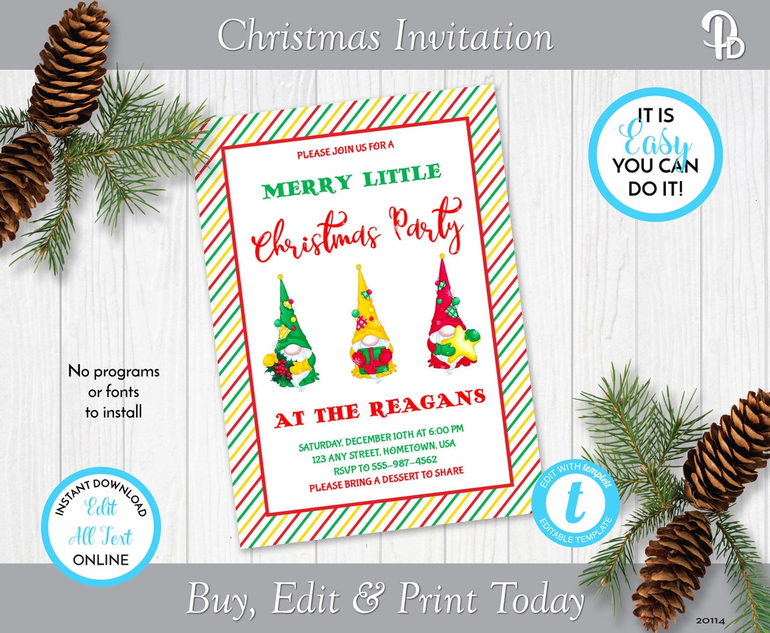 Merry Little Gnomes Christmas Party Invitation, Holiday Invitation ...