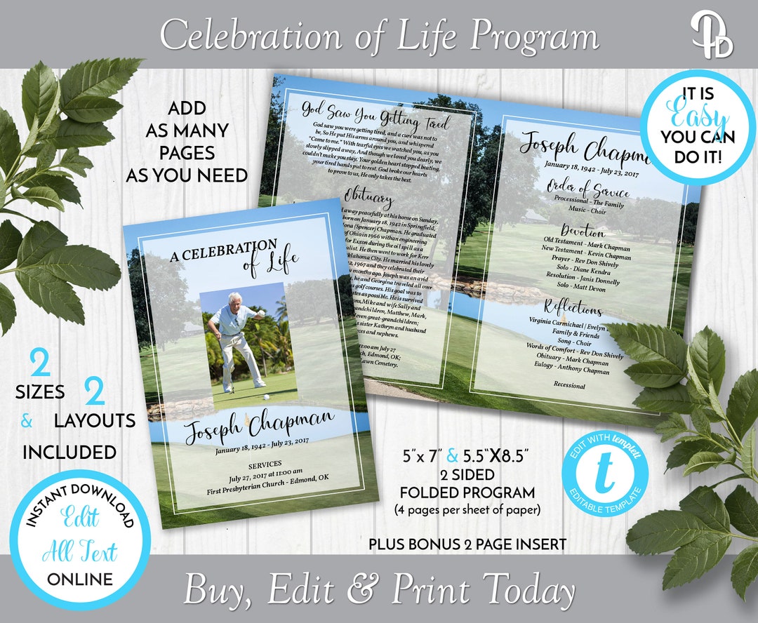 Golf Course Pond Memorial Service Template Obituary/order of - Etsy