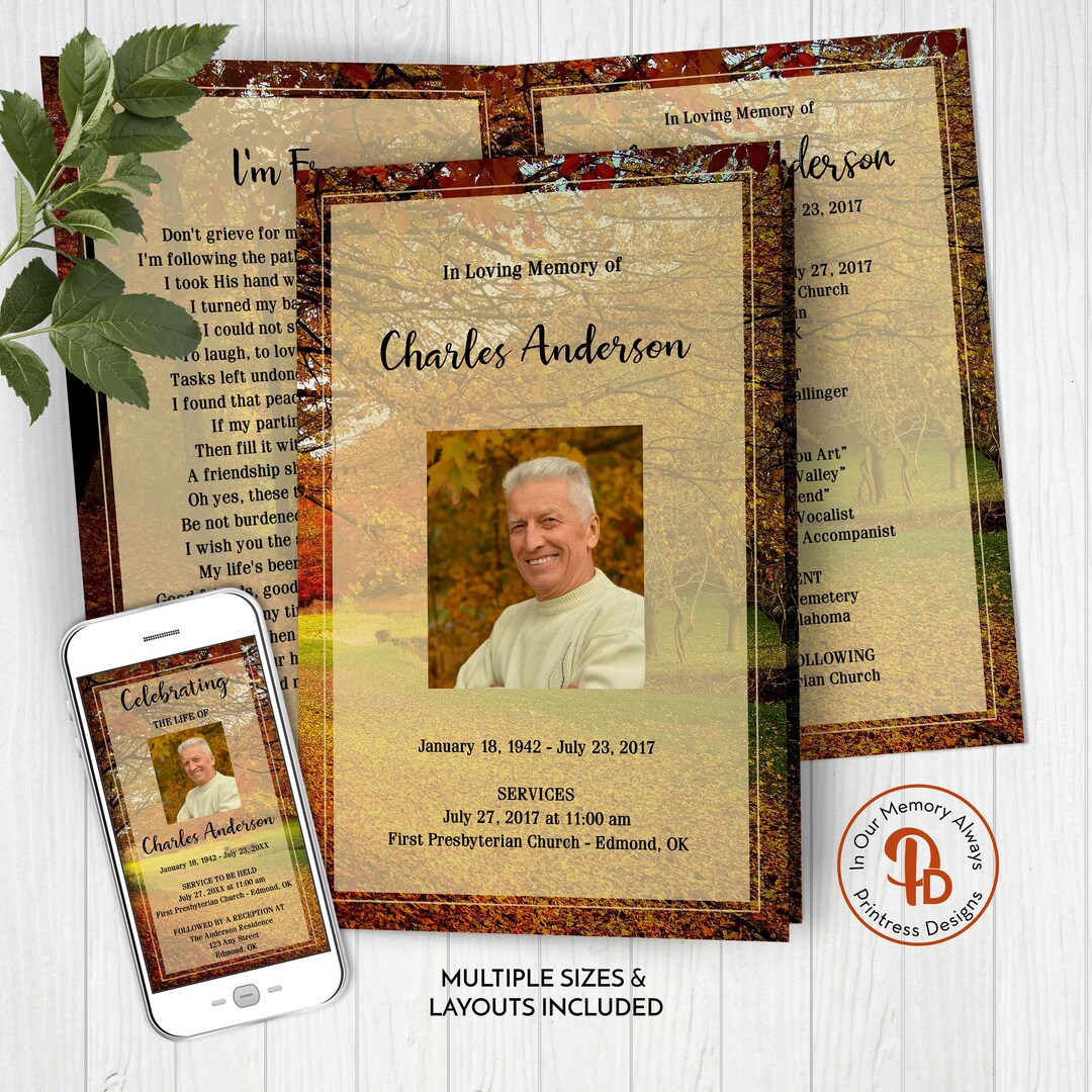 Autumn Landscape Funeral Program Template, Fall Memorial Service ...