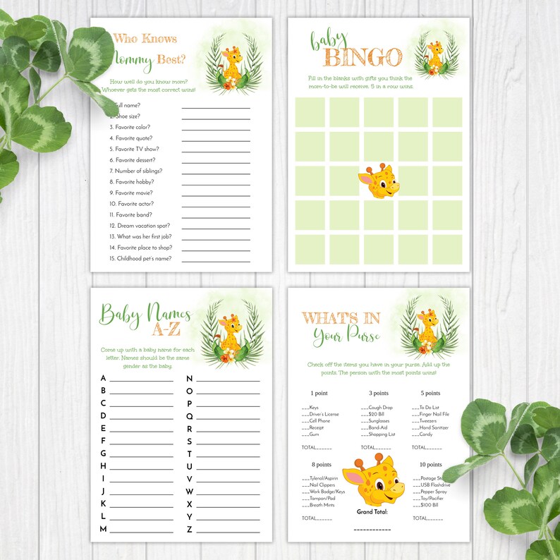 Baby Giraffe Baby Shower Games, Set of 15 Templates, Instant Download ...