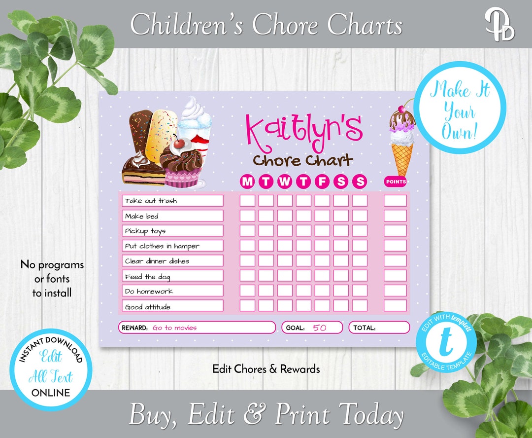 Sweet Treat Children's Chore Chart, Editable Reward Chart, Printable ...