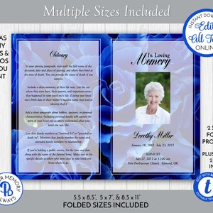 Blue Roses Funeral Program Template Obituary/order of Service - Etsy