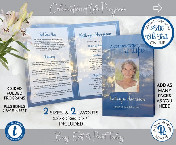 Angel in the Clouds Funeral Program Obituary Template | Etsy