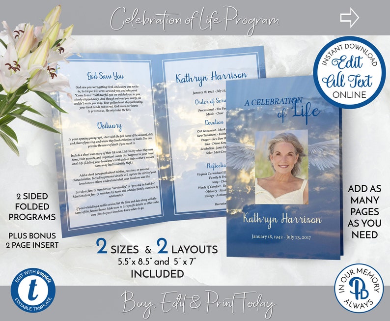 Angel in the Clouds Funeral Program Obituary Template - Etsy
