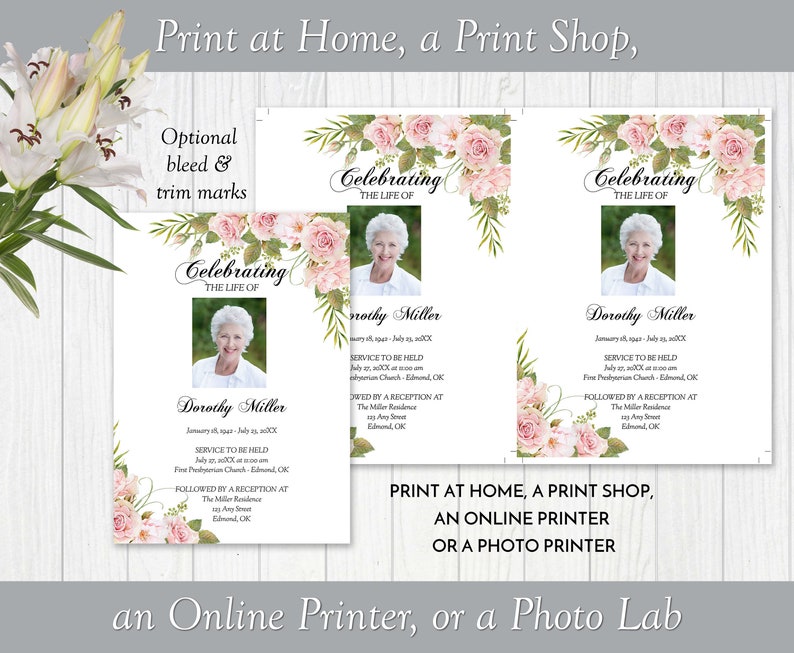 Blush Pink Rose Funeral Invitation Electronic Funeral - Etsy